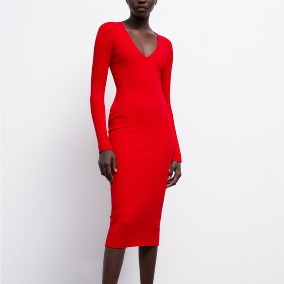 Zara | Dresses | Zara Red Knit Midi Dress | Poshmark